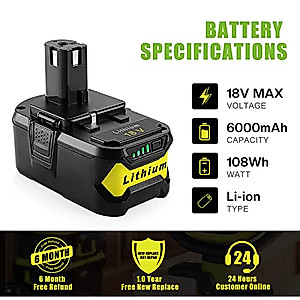 Powilling 2Pack 6.0Ah 18V Replacement Battery for Ryobi 18V Lithium Battery P102 P103 P105 P107 P108 P109 Ryobi ONE+ Cordless Tool