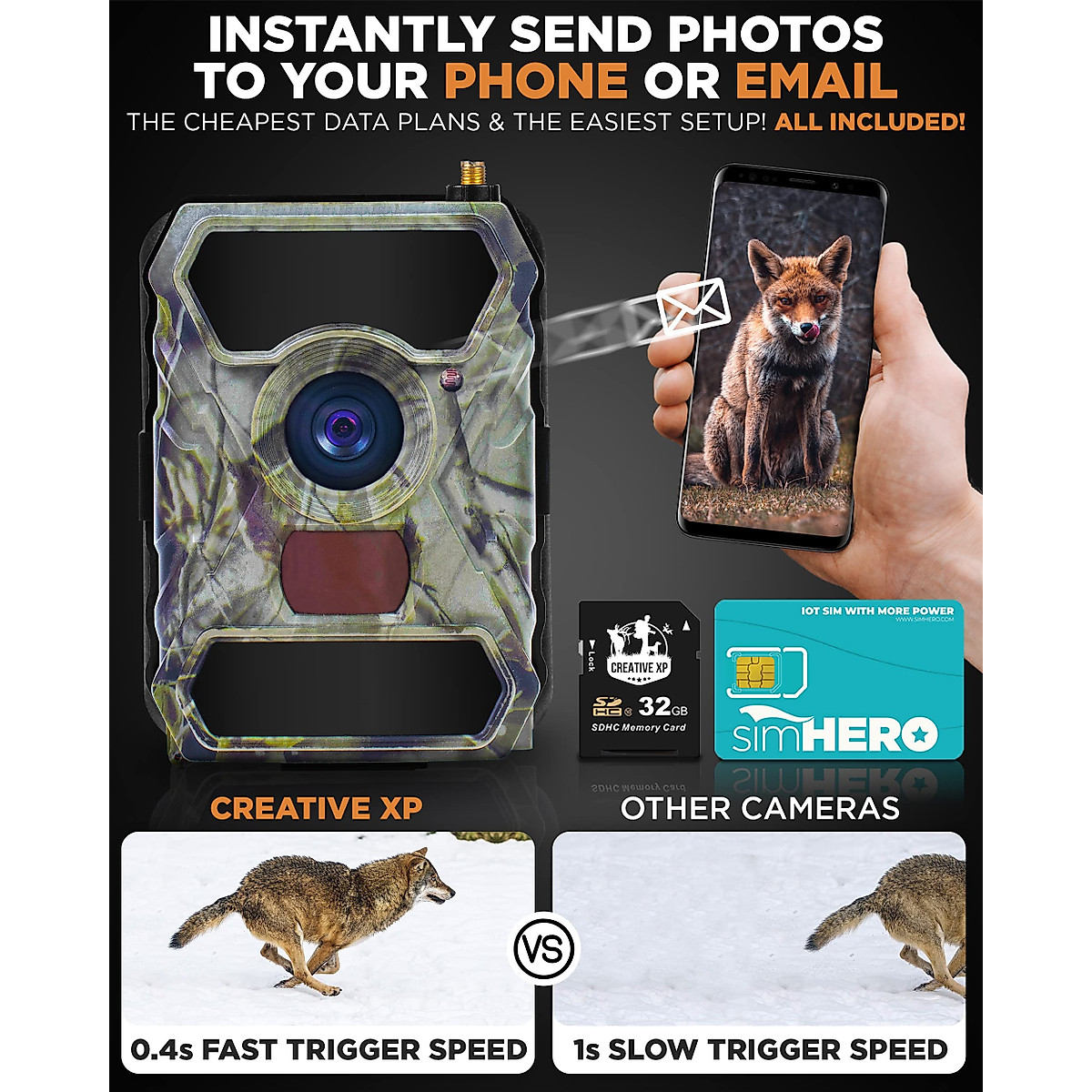 CREATIVE XP Cellular Trail Camera WiFi 16MP 1080P Outdoor Game Camera with No-Glow Night Vision Motion Activated IP54 Waterproof for Hunting or Property Security, 4G Plus