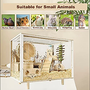 Cawuwe Wooden Hamster Cage Large for Small Animal Habitat for Rabbits Guinea Pigs Chinchillas Syrian Hamsters Home with Acrylic Transparent Board Oblique Opening Hamster Play House