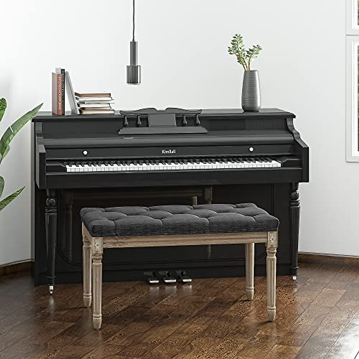 Yusong Upholstered Bench,Bedroom Bench for End of Bed,Piano Bench Dining Bench Entryway Shoe Bench with Button Tufted Padded Seat for Living Room, Vanity Bench Foot-Stool with Carved Wood Legs,Grey