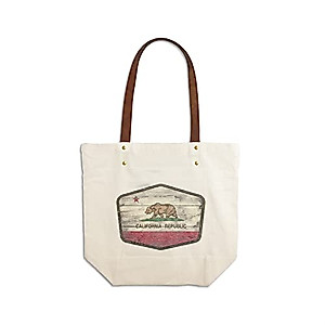 California, Rustic State Flag, Contour (Canvas Deluxe Tote Bag, Faux Leather Handles & Zip Pocket)