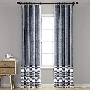 Lush Decor, Navy Nantucket Yarn Dyed Cotton Tassel Fringe Window Curtain Panel Pair, 84" x 40", 84 in x 40