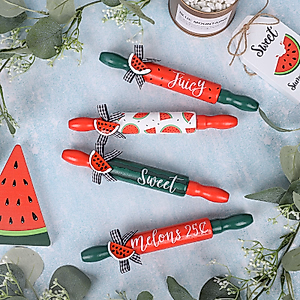 Whaline 4pcs Watermelon Mini Rolling Pins Red Green Watermelon Tiered Tray Decor with Bow Summer Home Kitchen Wooden Farmhouse Watermelon Decoration Table Centerpiece for Shelf Mantelpiece