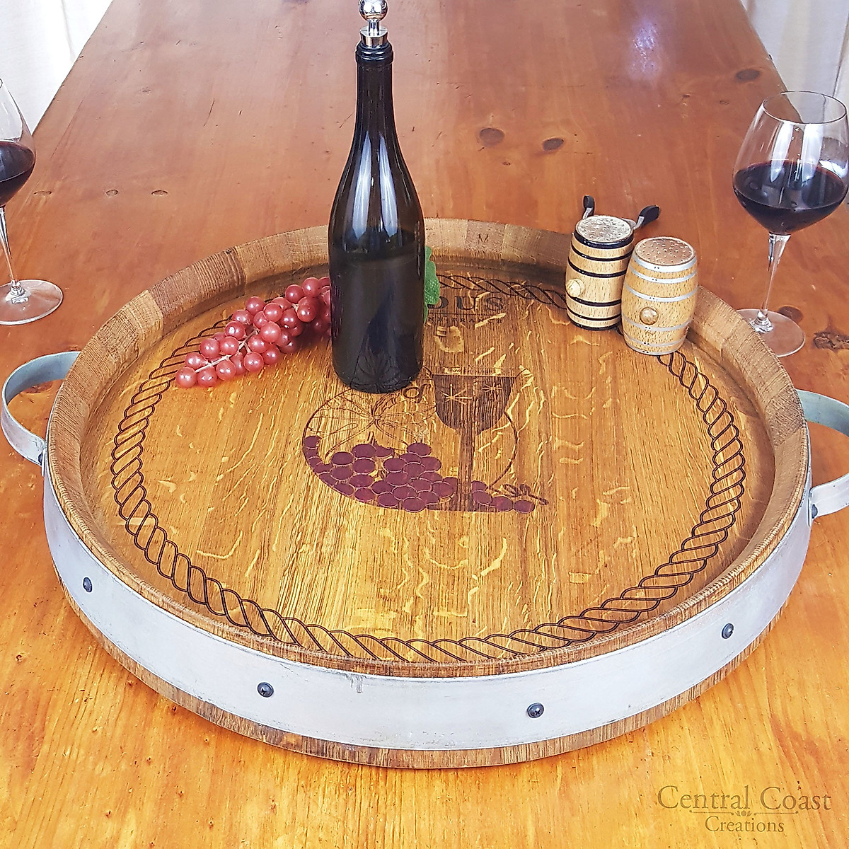 Barrel Top Wine Glass Engraved Lazy Susan - Wine Barrel Handcrafted - Central Coast Creations - Wine Barrel Furniture