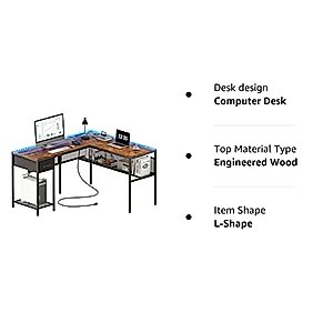 SUPERJARE L Shaped Desk with Power Outlets & LED Lights, Computer Desk with Storage Shelves & Fabric Drawer, Reversible Corner Desk with Bookshelf, Home Office Desk, Rustic Brown