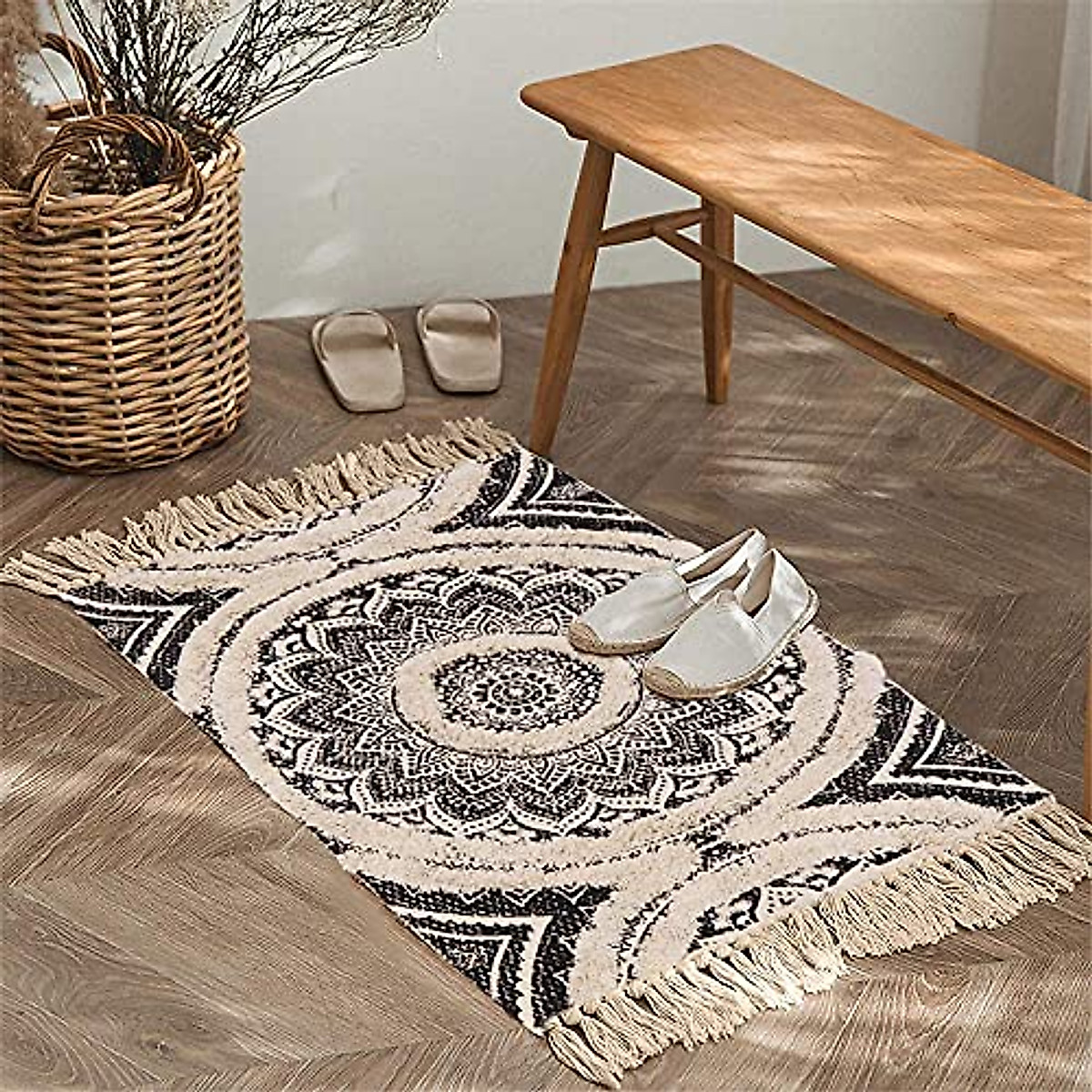 Seavish Tufted Cotton Rug, 2X3 Black Mandala Boho Rug, Hand Woven Bohemian Throw Rugs, Shag Accent Fringe Tassel Rug for Bedroom Bedside Kitchen, Laundry Room Rug