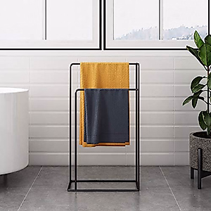 Towel Holder Stand Floor Standing Towel Rack for Bathrooms with 2 Towel Rails Modern Black Freestanding Shelf Storage Metal with Rust-Resistant Finish for Bath Towels and More