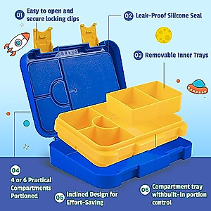 Ordiffo Bento Lunch Box for Kids, 4-6 Compartments with Leakproof Removable Compartment, Dishwasher Safe, Pre-School Kid Toddlers Daycare Lunches Snack Container for Boys, Space Astronaut