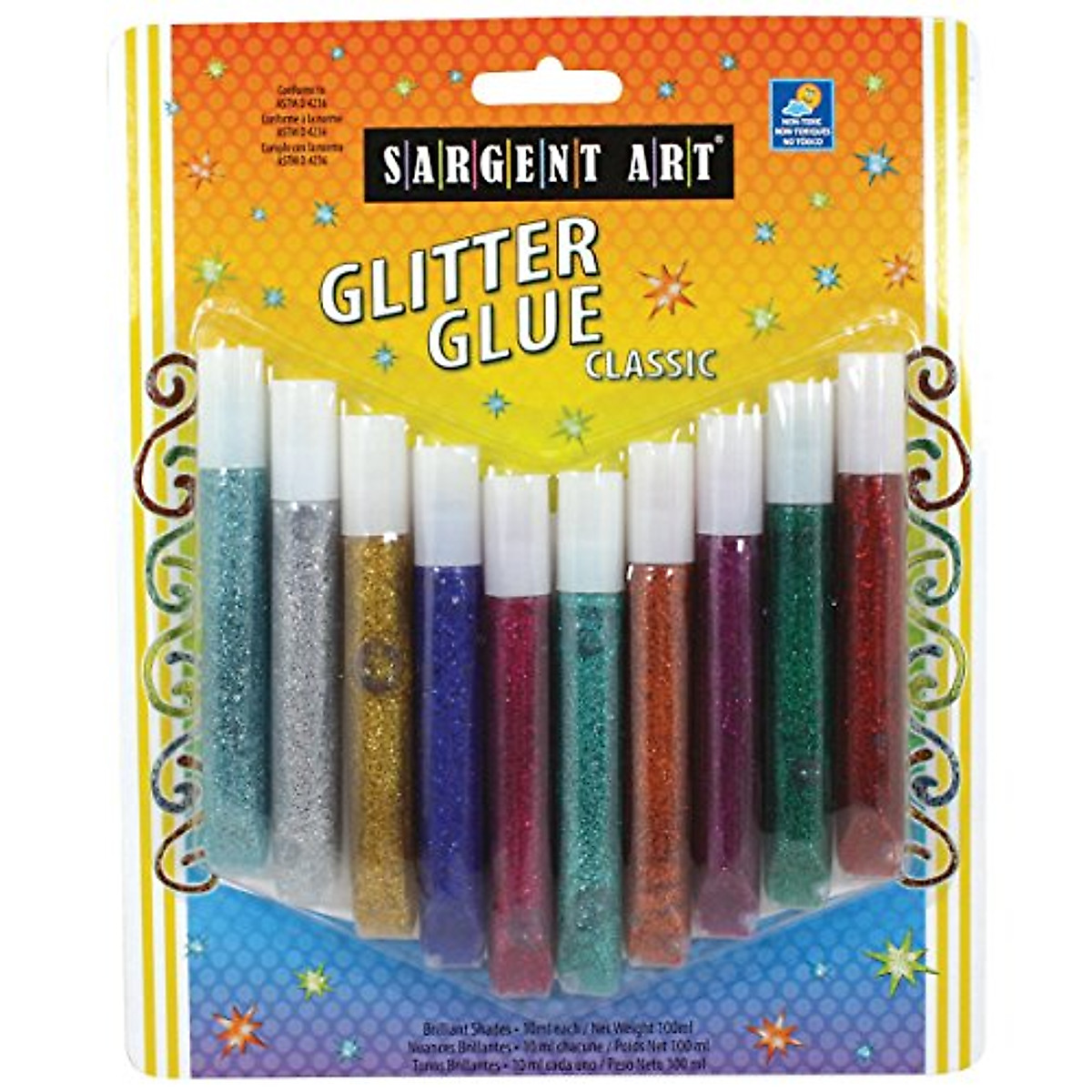 Sargent Art 8 Count x 10 ml Glitter Glue Tubes, 8 Assorted Colors, Non-Toxic, Easy Bonding, Washable