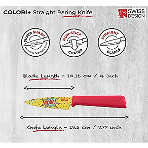 KUHN RIKON Pop Art Wow COLORI+ Non-Stick Straight Paring Knife with Safety Sheath, 19 cm