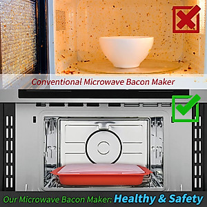 MMUGOOLER Microwave Easy Bacon Maker/Cooker with Lid, Safety, Quick and with No Mess, 11.3“ L x 9.0" W x 2.4" H- Red