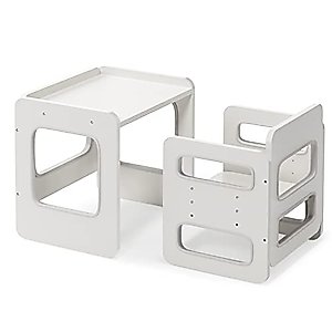 Tilhumt Montessori Weaning Table and Chair Set, Toddler Kids Table and Chair Set, Adjustable Height and Activity Table with Fence for Read, Play Toys, Crafts, Montessori Furniture for Toddlers