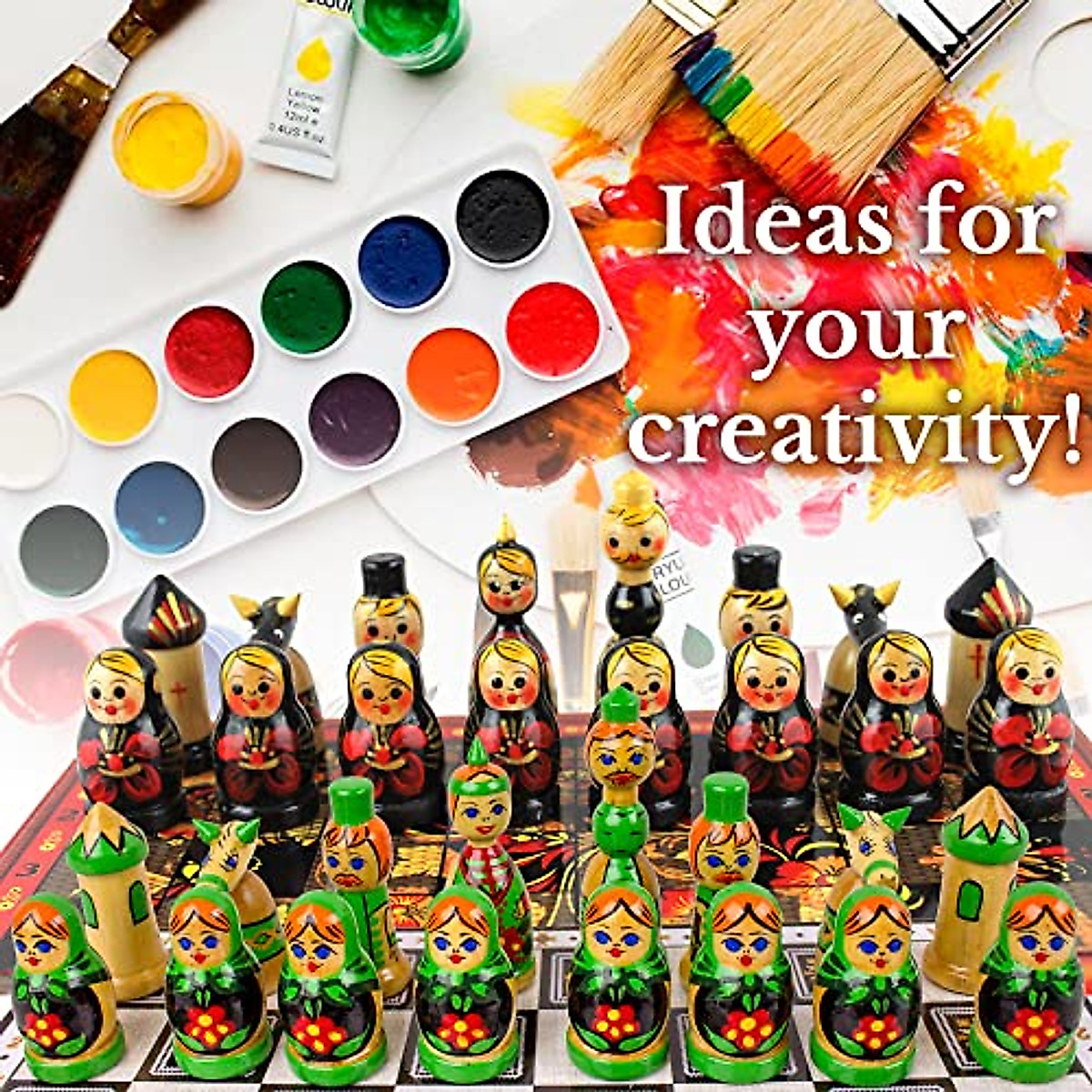 Unfinished Wood Chess Pieces Only Set of 32 pcs - Paint Your Own Chess Set - Blank Chess Sets for DIY- Wooden Peg Dolls Unfinished for Arts and Crafts