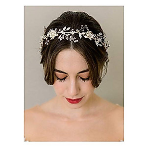 SWEETV Flower-Leaf Bridal Headpieces for Wedding Hair Band for Brides Headband Rhinestone Wedding Headband Silver Flower Girl Bridesmaid Hair Vine