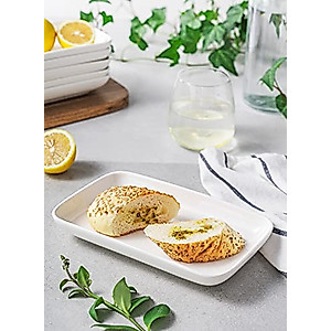 Sweese 8 Inch Rectangular Salad Plates, Porcelain Dessert Plates, Small White Serving Trays for Salad, Fruit, Sushi Appetizer and Parties - Stackable, Set of 6, White