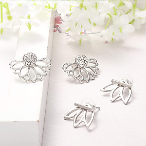 LOYALLOOK 10Pairs Stainless Steel Stud Earring Set Moon Star Bar Earrings Lotus Ear Jacket CZ Cuff Hoop Huggie Cartilage Earring for Women, Silver