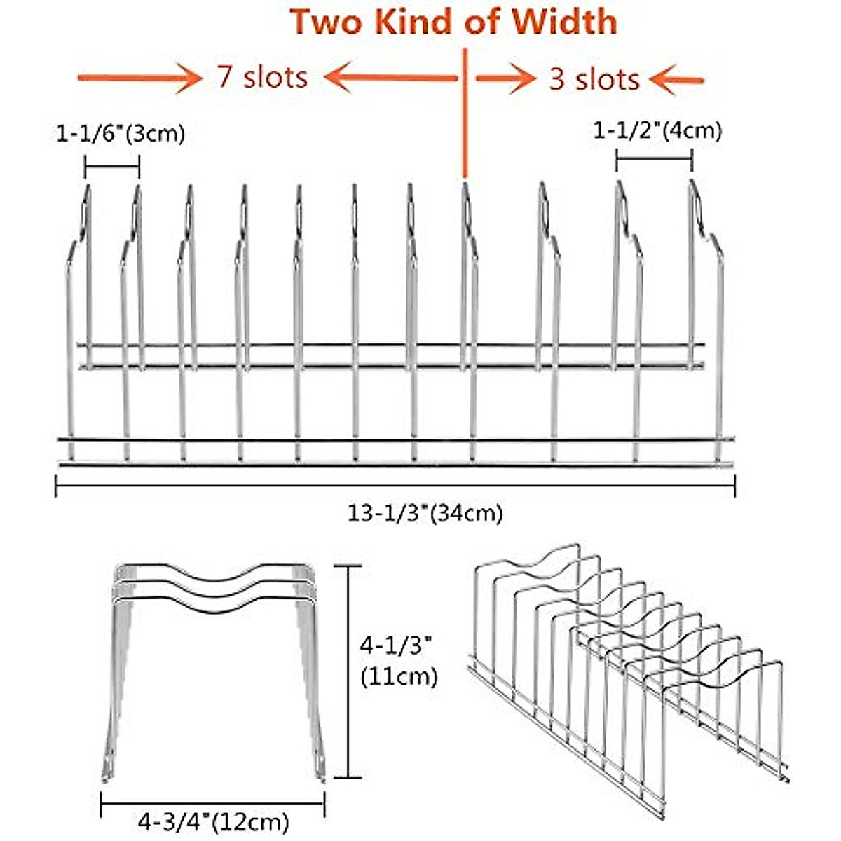 SANNO Stainless Steel Pan Pot Lid Holder, Pot Rack Organizer Kitchen, 13-1/3"W x 4-1/3"H x 4-3/4"D, 10 Dividers, 10 Slots