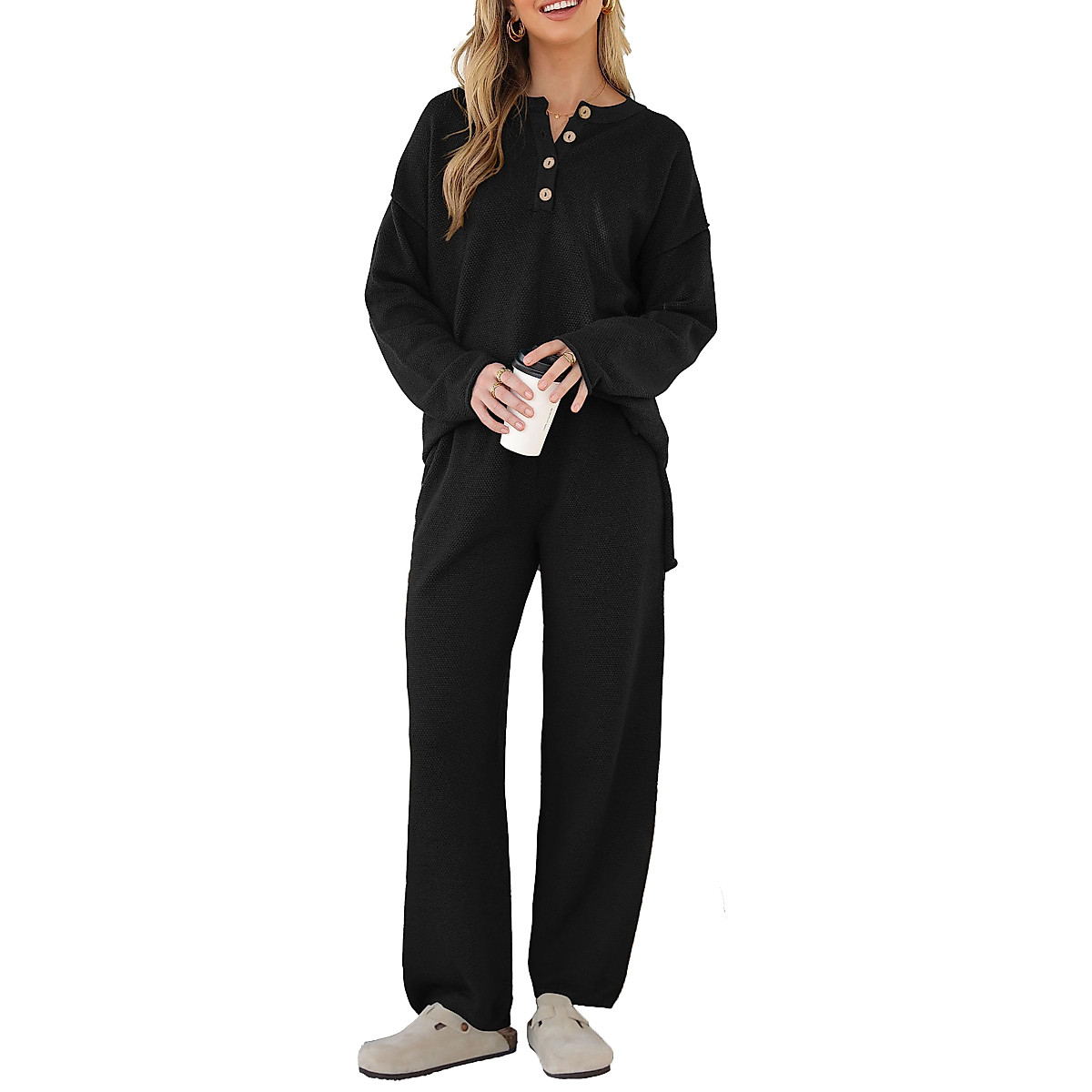 PRETTYGARDEN Women's 2 Piece Tracksuit Outfits 2024 Fall Knit Sweater And Wide Leg Pants Sweatsuit Lounge Sets (Black,Large)
