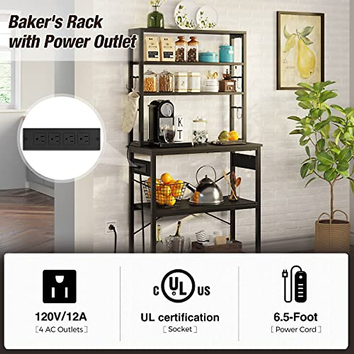 Rolanstar Baker's Rack with 4AC Power Outlet, 65.7inch Microwave Oven Stand with 10 Hooks, Stable Coffee Bar Table, 6-Tier Kitchen Storage Shelf Rack, Kitchen Utility Rack with Hutch, Black
