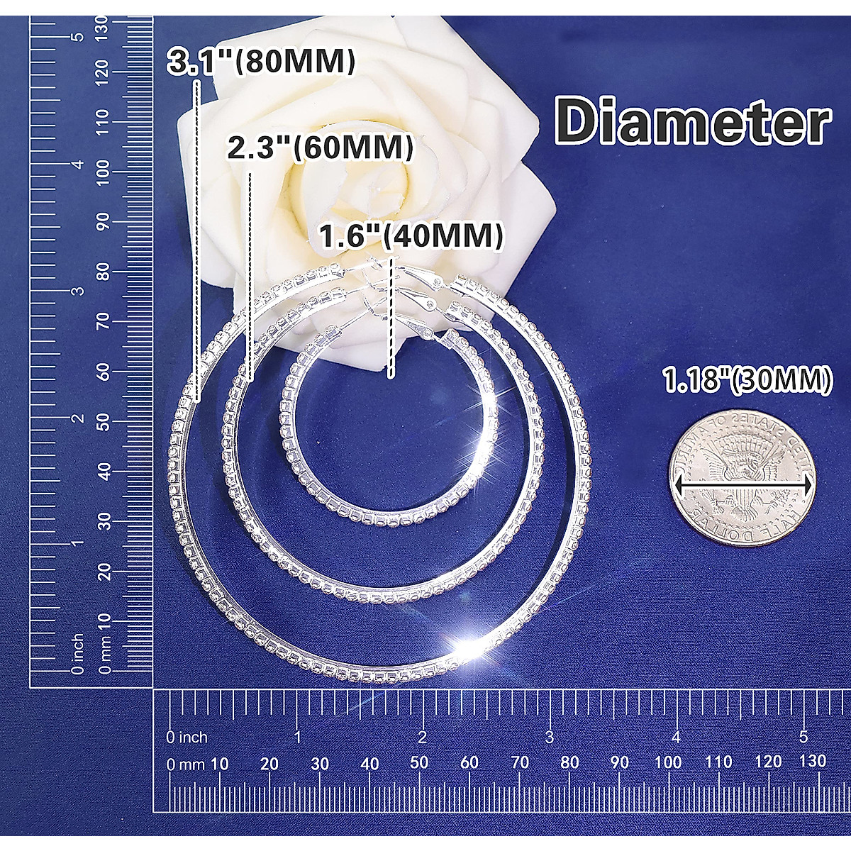 80mm Rhinestone Plated Silver Hoop Earrings Big Circle Earring Large Hoop Earrings,Silver