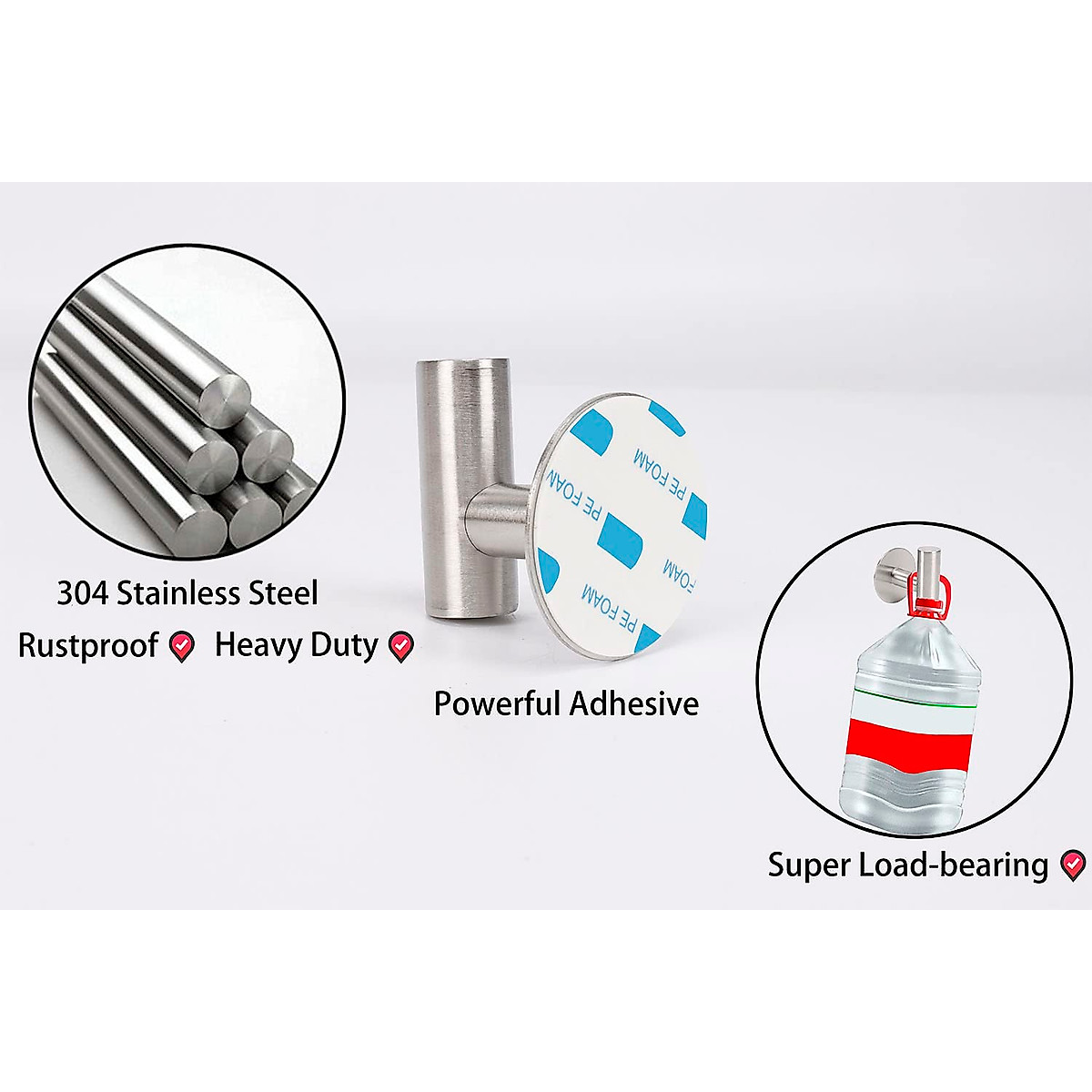 TocTen Bath Towel Hook, Strong Self Adhesive Robe Hook, SUS 304 Stainless Steel Stick on Wall Coat/Clothes Hook No Drilling, Shower Wall Hook for Bathroom Kitchen Office Closet(Brushed Nickel, 3 Pack)