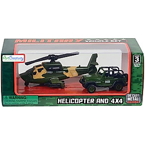 ArtCreativity Military Toy Playset for Kids, 2-Piece, Includes 1 Helicopter Toy and 1 Jeep, Durable Diecast Army Toys for Kids, Pretend Play Set for Boys and Girls, Great Birthday Gift