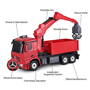 RASTAR RC Logging Truck Toys 1:24 Scale Mercedes-Benz Arocs Remote Control Dump Truck RC Construction Vehicles with Lights/Crane Arm 2.4GHz, RC Truck for Boys Kids Adults