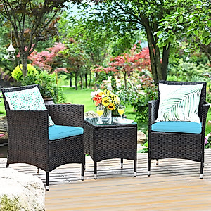 Tangkula Patio Furniture Set 3 Piece, Outdoor Wicker Rattan Conversation Set with Coffee Table, Chairs & Thick Cushions, Suitable for Patio Garden Lawn Backyard Pool