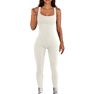 OQQ Women's Yoga Ribbed One Piece Tank Tops Rompers Sleeveless Exercise Jumpsuits Beige