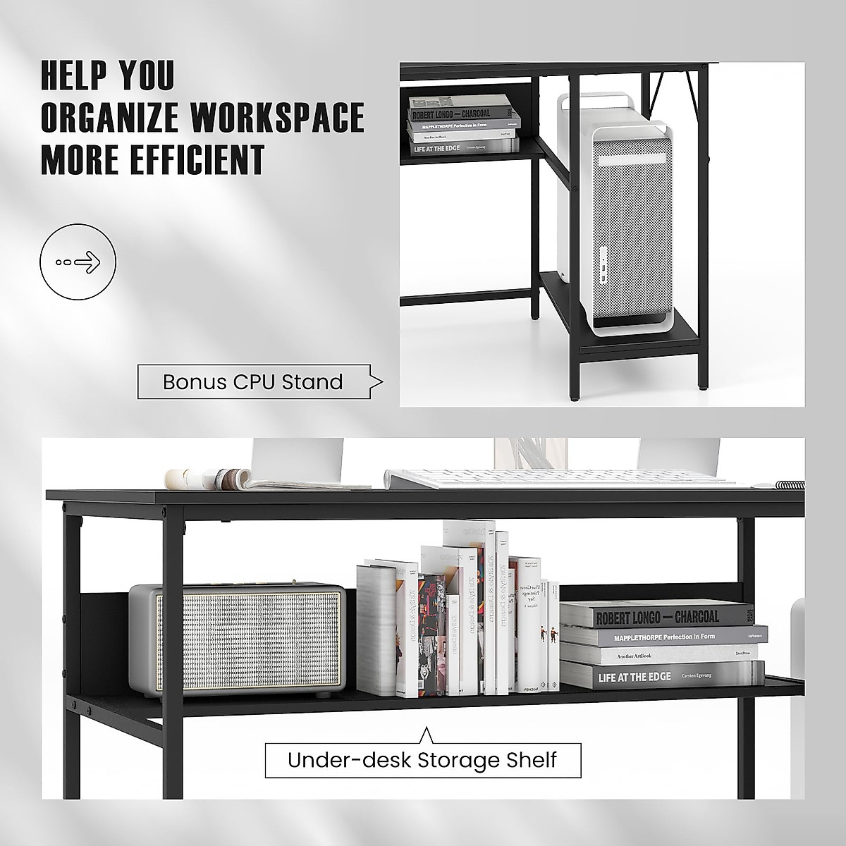 IFANNY 55’’ Computer Desk, PC Gaming Desk with Power Outlet & USB Ports, Large Home Office Desk with Storage Shelves & Steel Frame, Industrial Study Desk for Bedroom (Black)