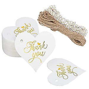 High-end Metallic Gold Thank You Tag,100PCS Kraft Paper Heart Gift Tags with String for Wedding, Birthday, Baby Shower, Party Favor (Thank You Tag White)