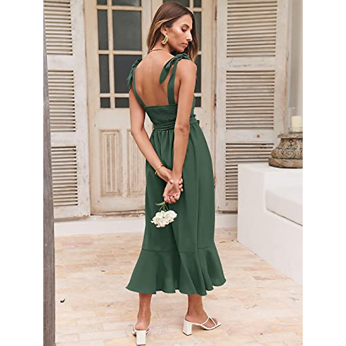 ANRABESS Women's Elegant Bridesmaid Dresses Square Neck Ruffle Split Midi Formal Dress for Wedding Guest Cocktail Party 2023 Gradution Prom Evening Night Dresses 893shenlv-L Green