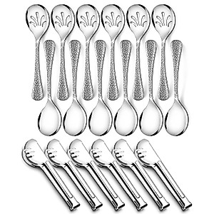 Teivio Hammered Stainless Steel Metal Serving Utensils Set of 18, 10" Serving Spoons, 10" Slotted Spoons, 9" Serving Tongs, Large Hostess Serving Set for Parties Chafing Dish Buffet Catering (Silver)