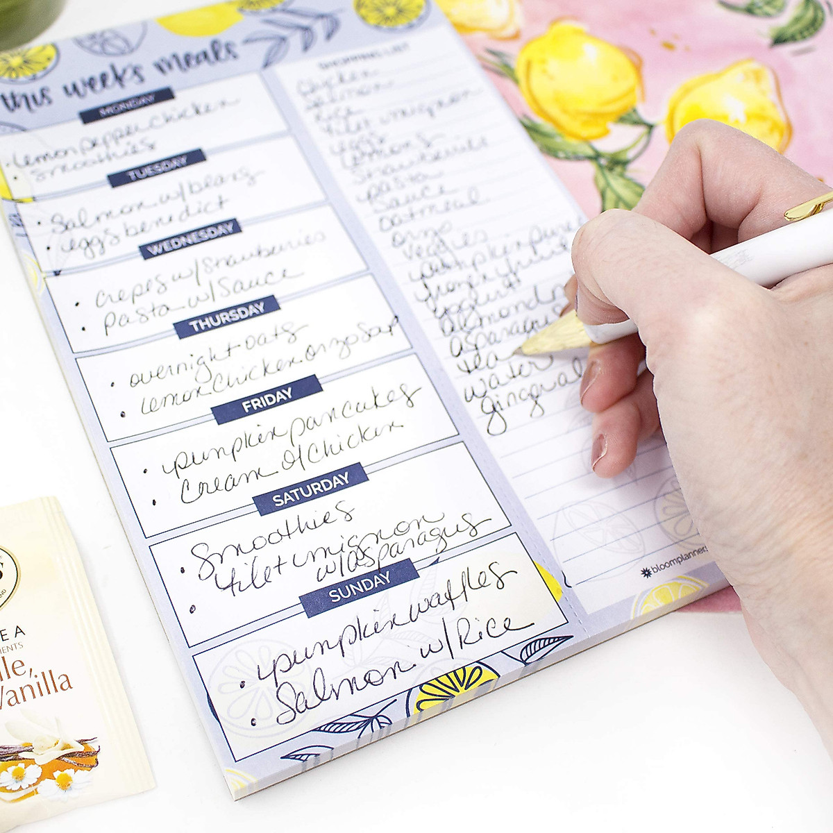 bloom daily planners Weekly Magnetic Meal Planning Pad for Fridge with Tear-Off Grocery Shopping List - Hanging Food/Menu Organizer Notepad with Magnets - 6” x 9" - Lemons