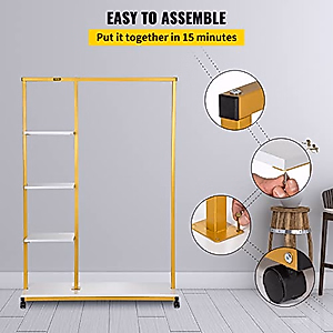 VEVOR Clothing Garment Rack, 39.4"x14.2"x59.1", Heavy-duty Clothes Rack w/Bottom Shelf & Extra 3 Side Shelves, 4 Swivel Casters, Rolling Clothes Organizer for Laundry Room Retail Store Boutique, Gold