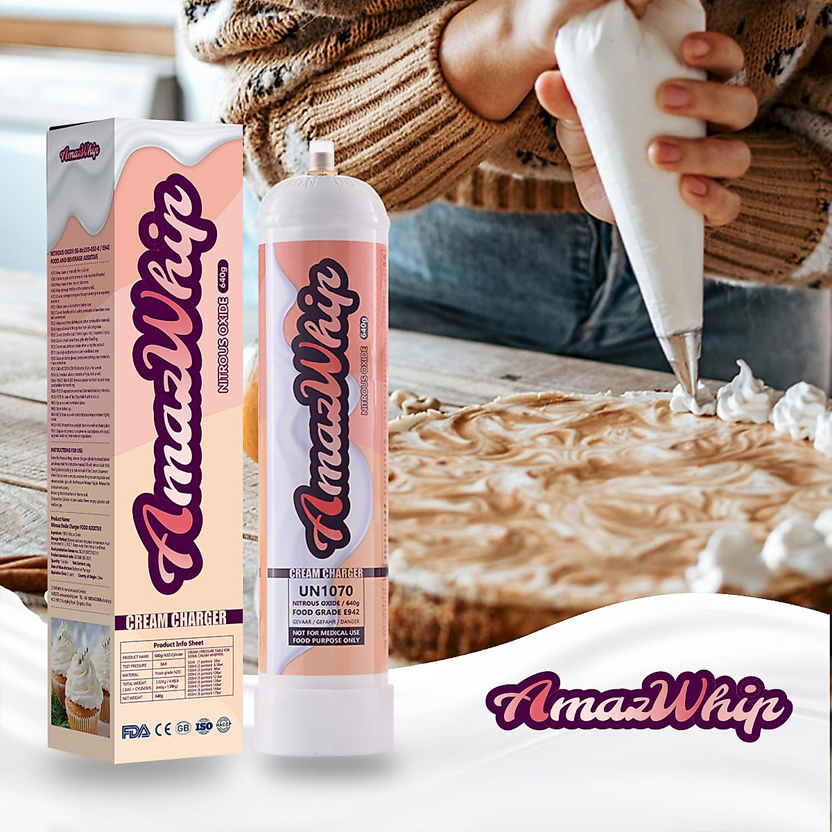 AMAZWHIP 0.95L Cream charger 640g nitrous oxide tank for cream (1 cylinder)
