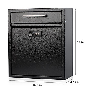KYODOLED Steel Combination Lock Mail Boxes Outdoor,Locking Wall Mount Mailbox,Security Key Drop Box,12H x 10.51L x 4.68W Inches,Black Large
