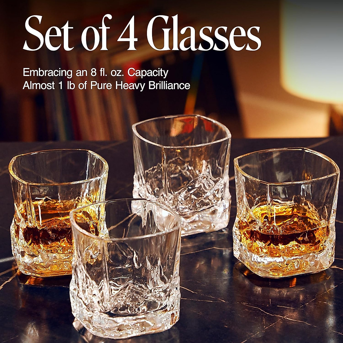 EdelweissPeak Unique Everest Bourbon Glasses Set of 4 in Gift Box - Mountains Theme - Heavy Freezable 8 OZ Old Fashioned Whiskey Glasses Set of 4 - Scotch Glass Set 4 - Whiskey Gifts for Men