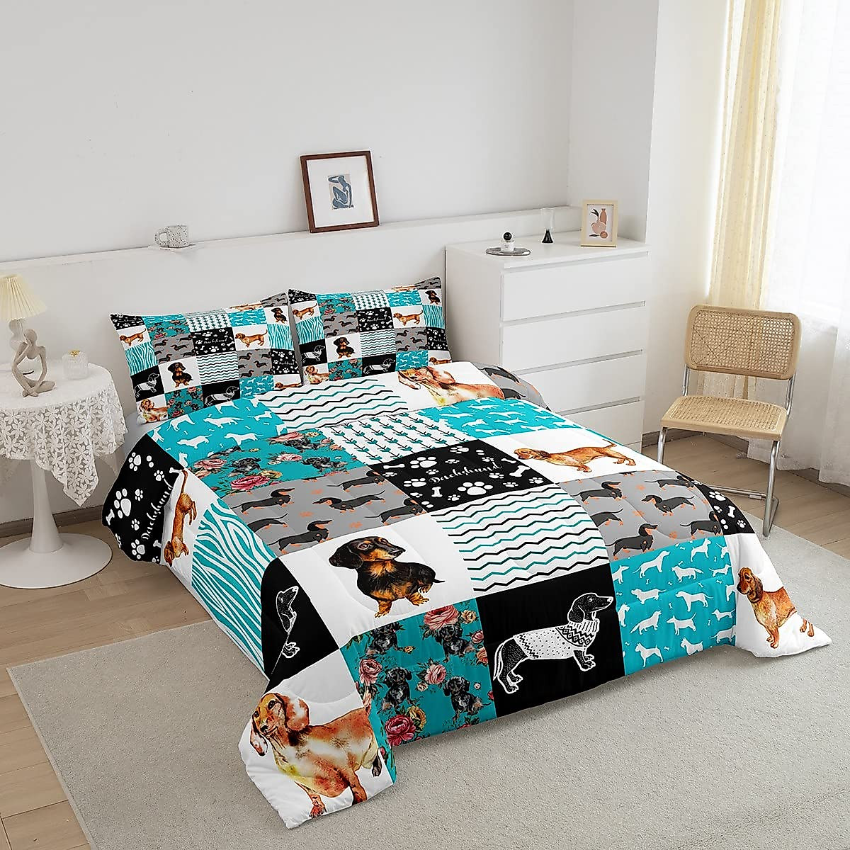 Cute Dachshund Comforter Set for Kids Boys Girls,Lovely Puppy Pet Bedding Twin Size,Kawaii Dog Paw Quilt for Dog Lover,Farmhouse Flower Animal Duvet Insert with 1 Pillowcase Home Room Decor