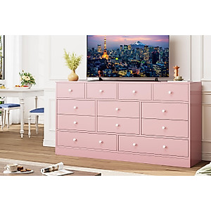 GarveeHome 12 Drawer Dresser for Bedroom, 61 Inch Wood Dresser with Power Outlet, Wide Dresser Chest of Drawers for Living Room, Hallway, Tall Dressers with Smooth Metal Rail, Large Storage, Pink