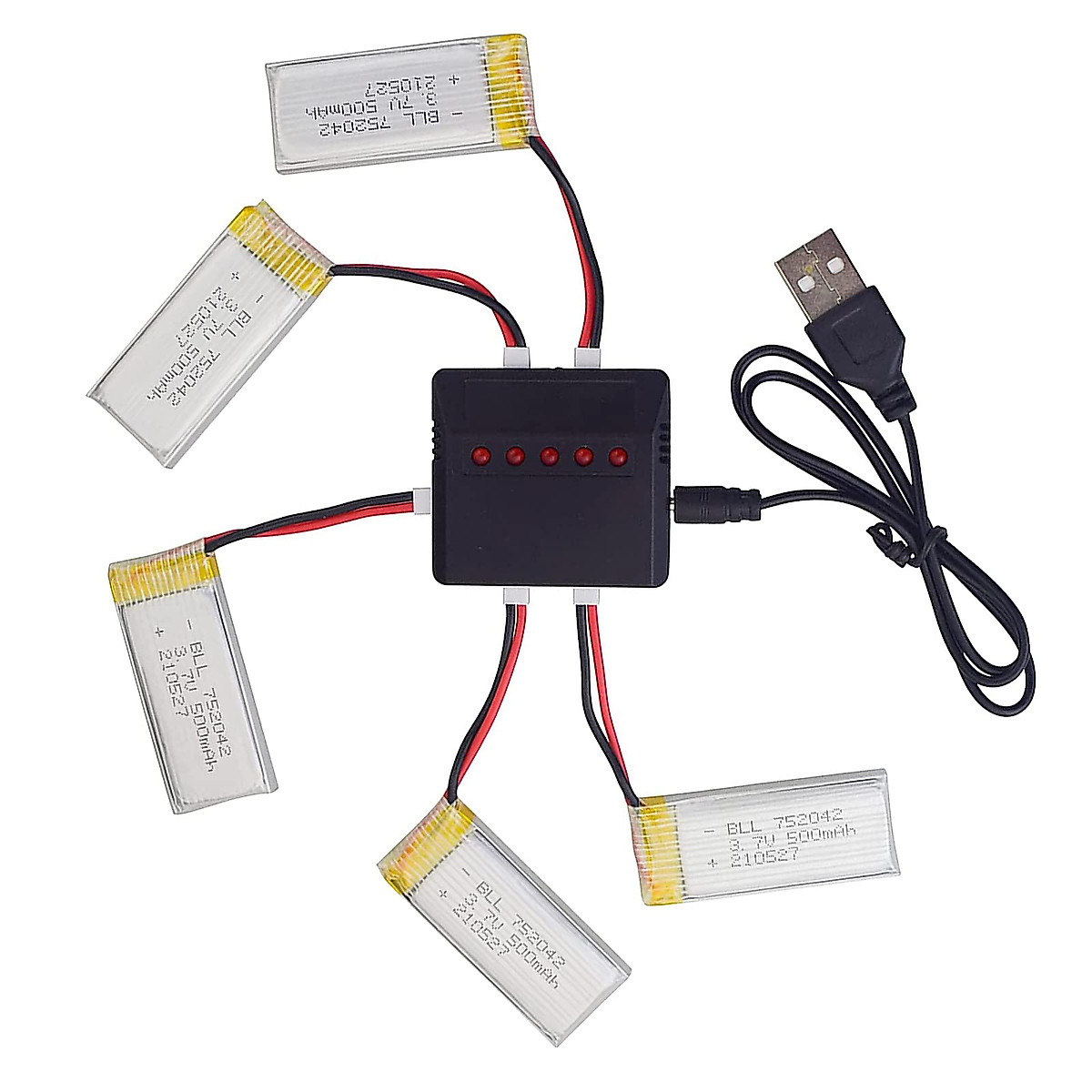 PUOO Accessory 5PCS 3.7V 500mAh 25C Battery with 5-in-1 Charger for JJRC H31 H37 H6D Hubsan X4 H107C H107D H107L H107P H108 UDI U816A SYMA X5C X5SW HS170 HS170C Drone