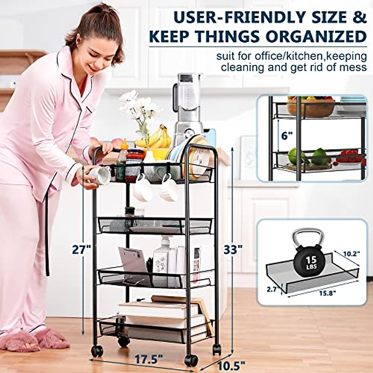 DEVO 4 Tier Metal Mesh Rolling Cart, Storage Organizer cart with 4 Side Hooks, Utility Carts with Lockable Wheels, for Home Kitchen Office Classroom (Black 1)