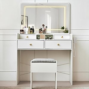 JanflyHome Vanity Desk with Mirror and Lights, Makeup Vanity Table with Drawers, Storage Stool, 41" Large Mirror Dressing Table Vanity Set for Girls Women Bedroom, White