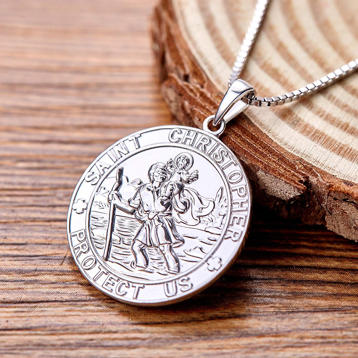 YL St Christopher Pendant Saint Medal Necklace 925 Sterling Silver Religious Engraved Medallion, 18"