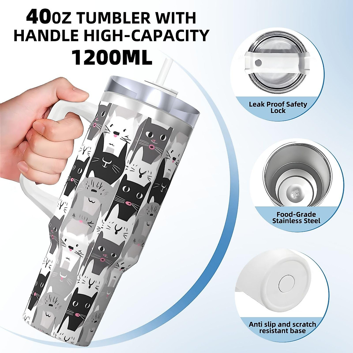 deaokluy 40 OZ Cute Cat Ice Bully Cup with Handle Straw Lid, Double Wall Stainless Steel Tumbler Travel Coffee Cup, Cartoon Insulation and Cooling Cup for Christmas Birthday Present