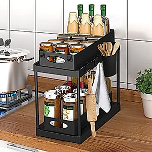 GzfunTeng Under Kitchen Sink Organizer and Storage, 2 Tier Sliding Bathroom Organizer, Pull Out Cabinet Organizer with 4 Hooks, 1 Hanging Cups, Finishing Storage Rack