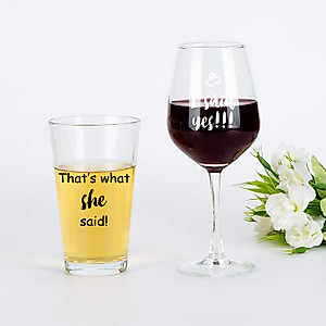 Futtumy I Said Yes, That's What She Said Wine Glass and Beer Glass Set for Him Her Couples Newlyweds, Novelty Wine Gift for Engagement Proposal Valentine's Day Wedding Bridal Shower, 15Oz (Set of 2)
