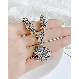 TEMICO Stainless Steel Cross Saint Benedict Coin Charm Bracelet for Women Catholic Exorcism Protection Jewelry