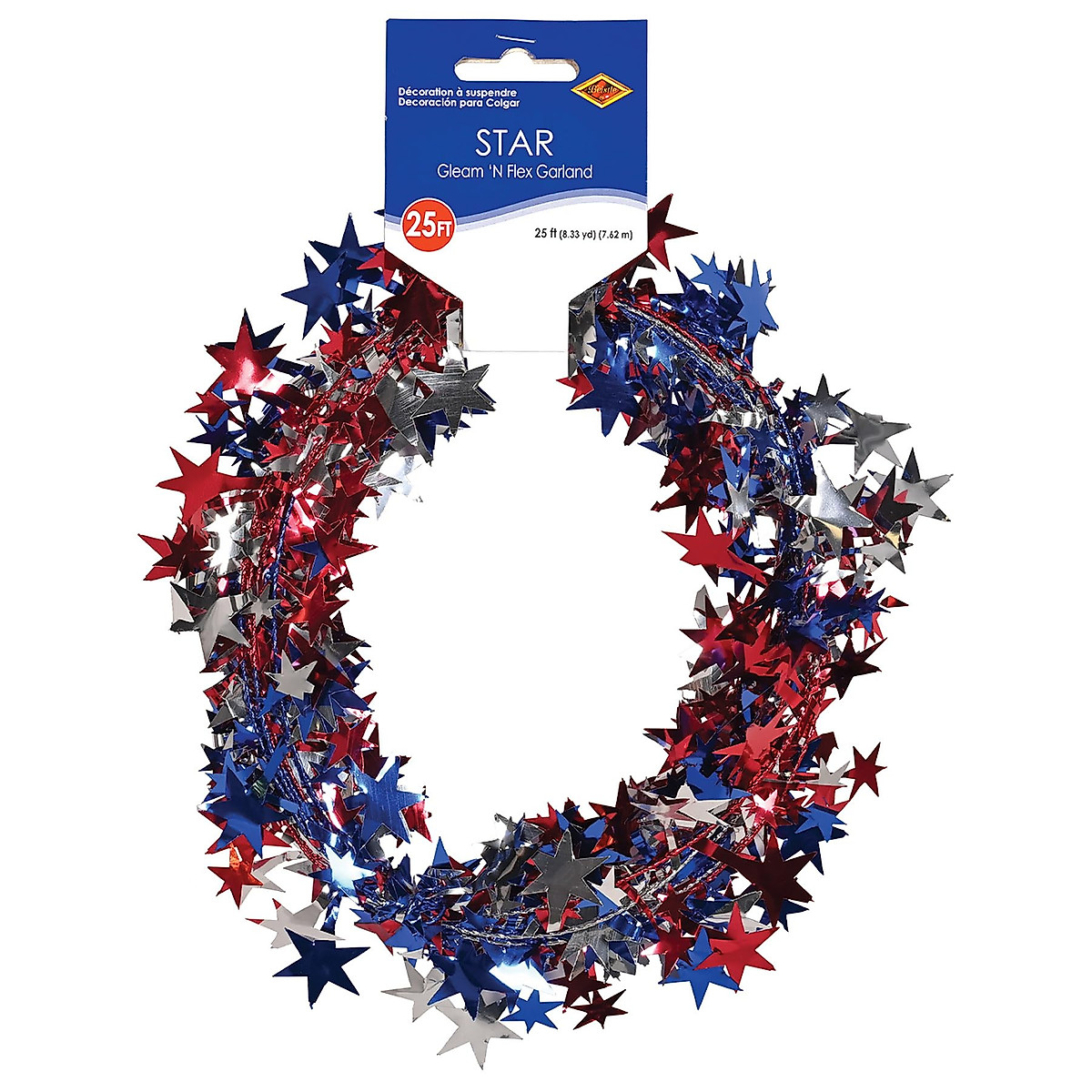 Beistle Gleam 'N Flex Star Garland, 25-Feet, Red/Silver/Blue