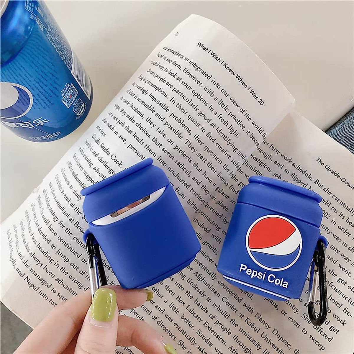 Ultra Thick Soft Silicone Pepsi Cola Case with Hook for Apple Airpods 1 2 Air Pods Wireless Earbuds Protective 3D Blue Drink Can Shaped Fun Cool Fresh Gift Kids Teens Men Boys Girls